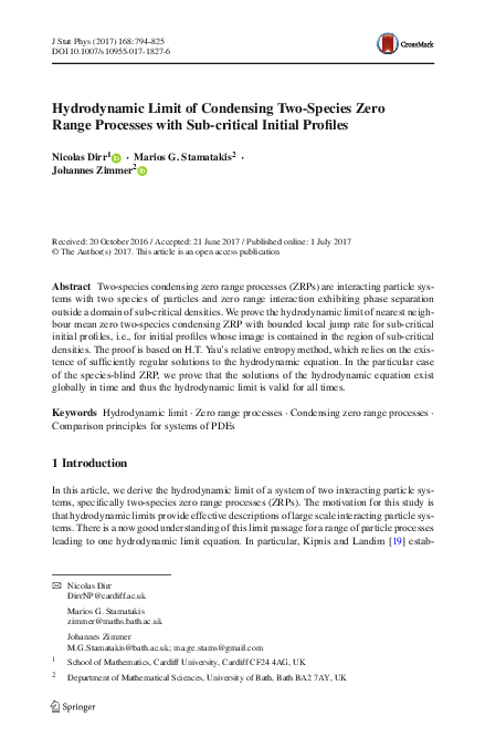(PDF) Hydrodynamic Limit of Condensing Two-Species Zero Range Processes with Sub-critical ...