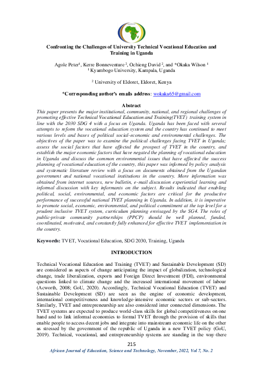 (PDF) Confronting the Challenges of University Technical Vocational Education and Training in Uganda