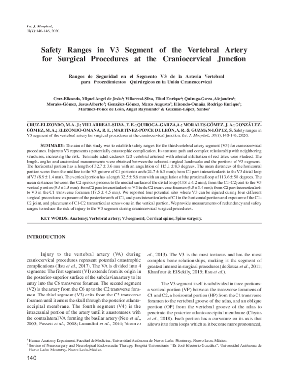 (PDF) Safety Ranges in V3 Segment of the Vertebral Artery for Surgical Procedures at the ...