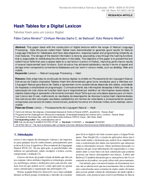 (PDF) Hash Tables for a Digital Lexicon | Edio Roberto Manfio - Academia.edu