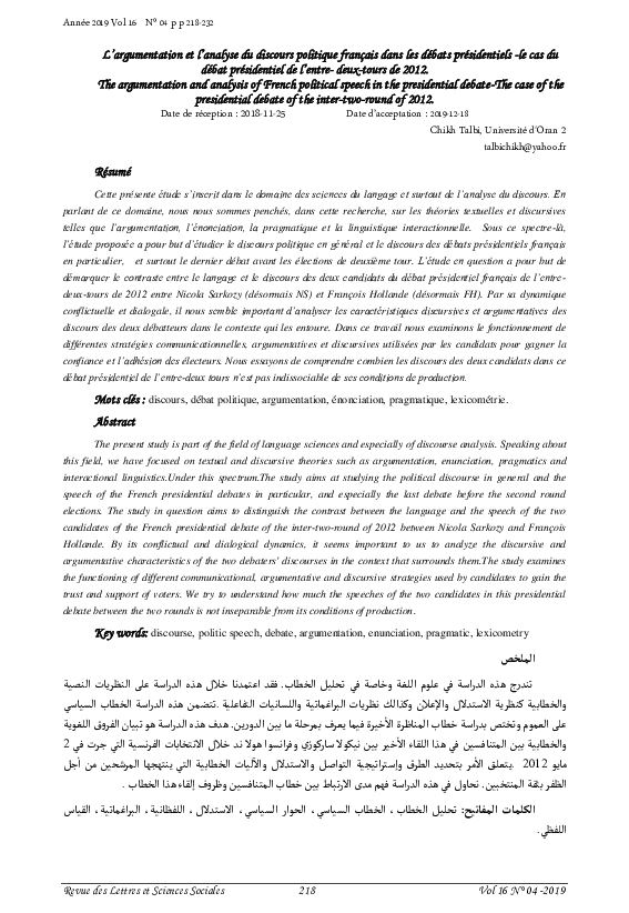 (PDF) L’argumentation Et L’analyse Du Discours Politique Français Dans ...
