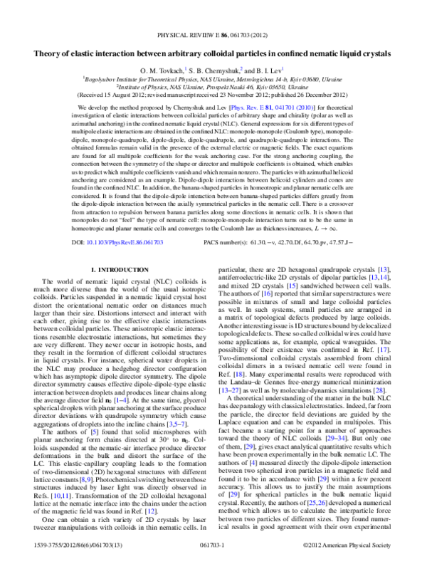 Pdf Theory Of Elastic Interaction Between Arbitrary Colloidal Particles In Confined Nematic