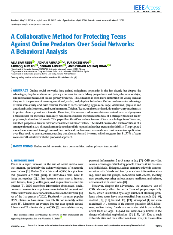 (PDF) A Collaborative Method for Protecting Teens Against Online Predators Over Social Networks ...