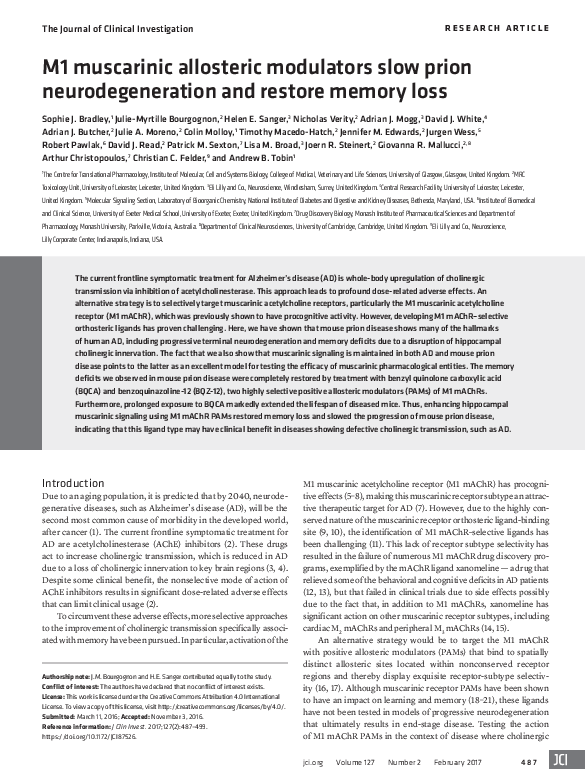 (PDF) M1 muscarinic allosteric modulators slow prion neurodegeneration and restore memory loss ...