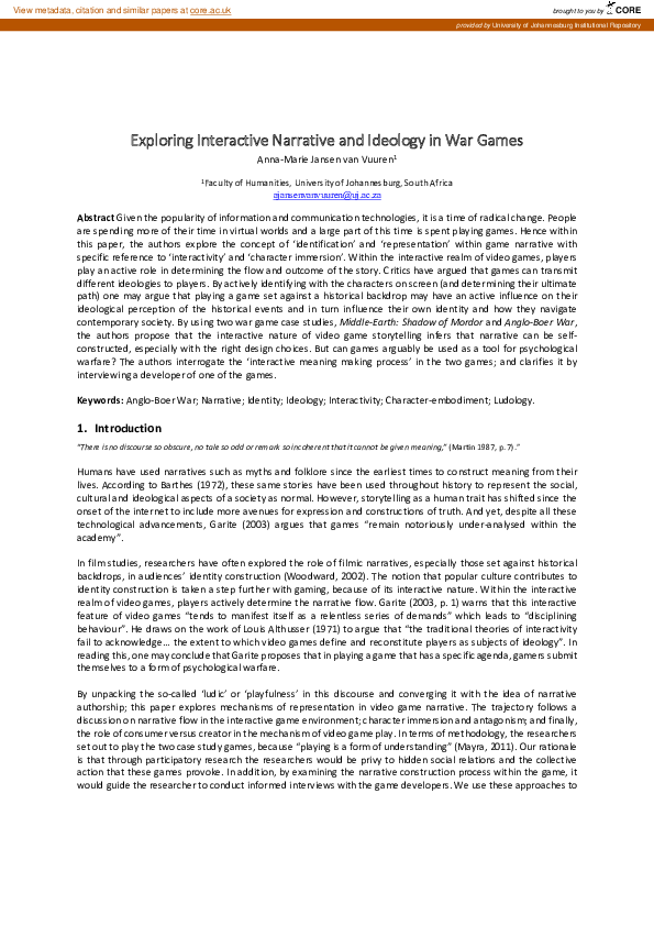 (PDF) Exploring interactive narrative and ideology in war games