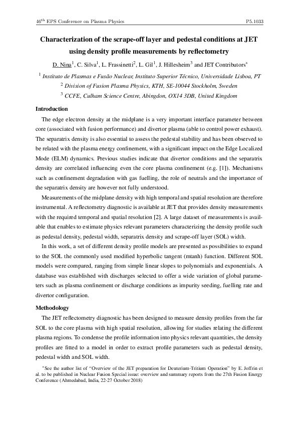 (PDF) Characterization of the scrape-off layer and pedestal conditions at JET using density ...