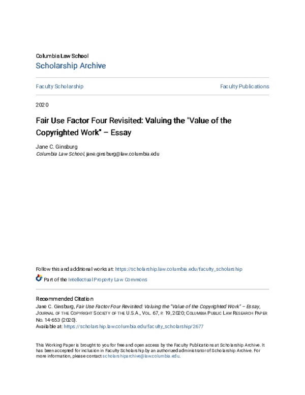 (PDF) Fair Use Factor Four Revisited: Valuing the "Value of the ...
