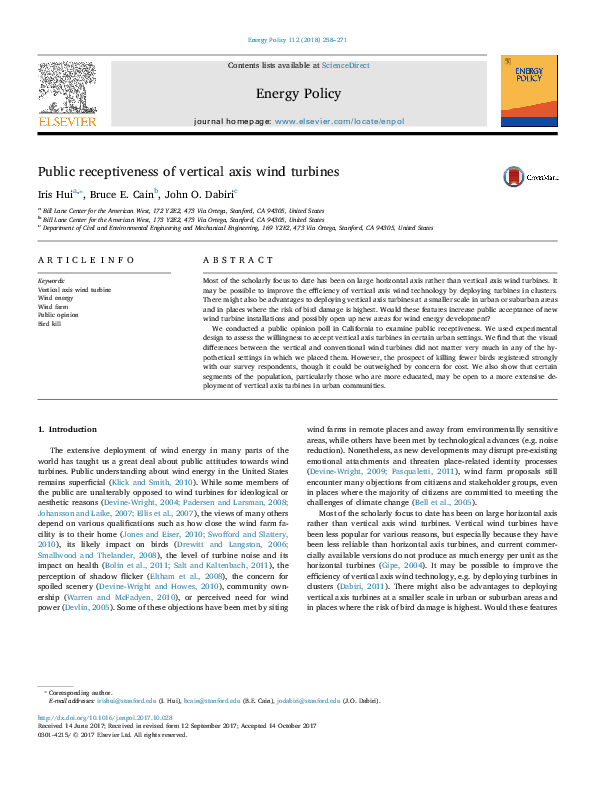 (PDF) Public receptiveness of vertical axis wind turbines | Bruce Cain - Academia.edu
