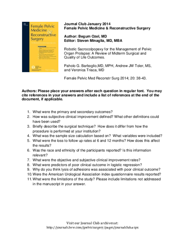 Pdf Robotic Sacrocolpopexy For The Management Of Pelvic Organ