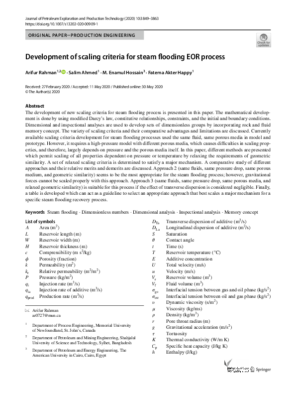 (PDF) Development of scaling criteria for steam flooding EOR process | Fatema Akter Happy ...