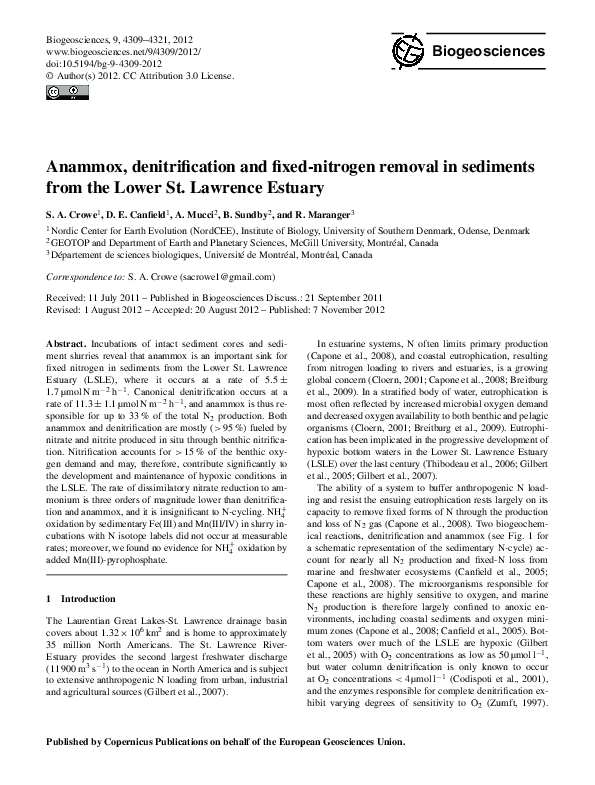 (PDF) Anammox, denitrification and fixed-nitrogen removal in sediments from the Lower St ...