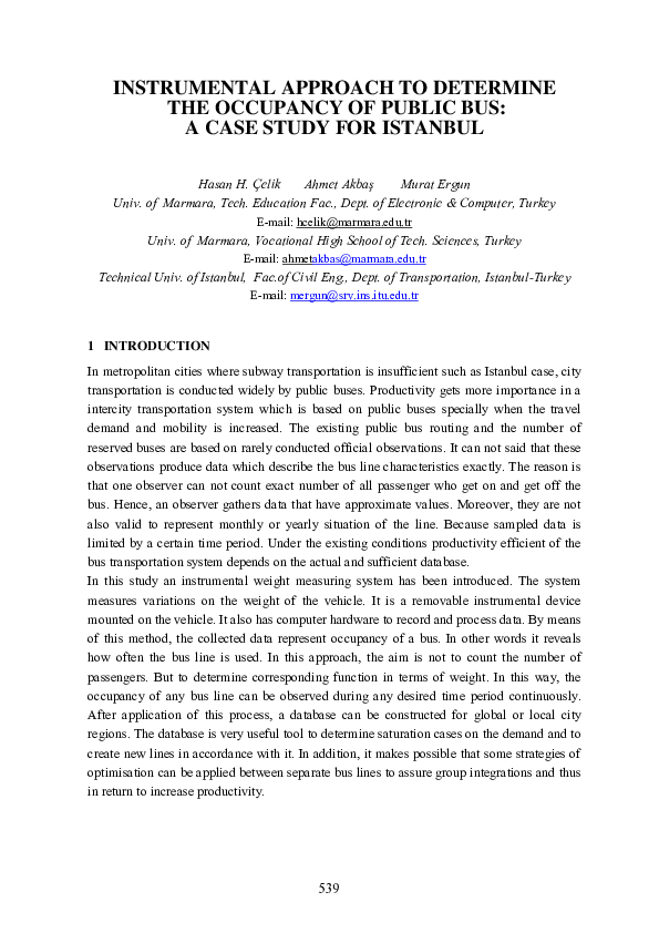 (PDF) Instrumental Approach to Determine the Occupancy of Public Bus: A Case Study for Istanbul