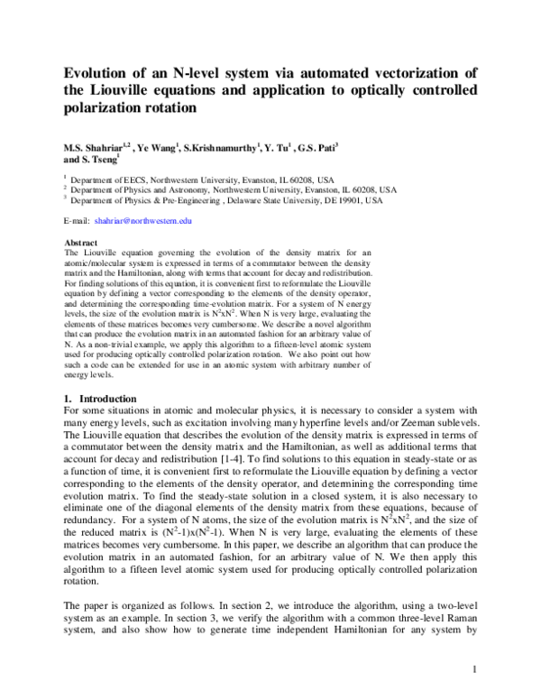 (PDF) Evolution of anN-level system via automated vectorization of the Liouville equations and ...