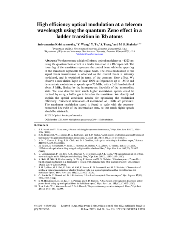 (PDF) High efficiency optical modulation at a telecom wavelength using the quantum Zeno effect ...