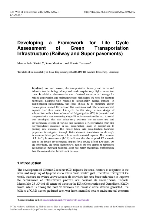(PDF) Developing a Framework for Life Cycle Assessment of Green Transportation Infrastructure ...