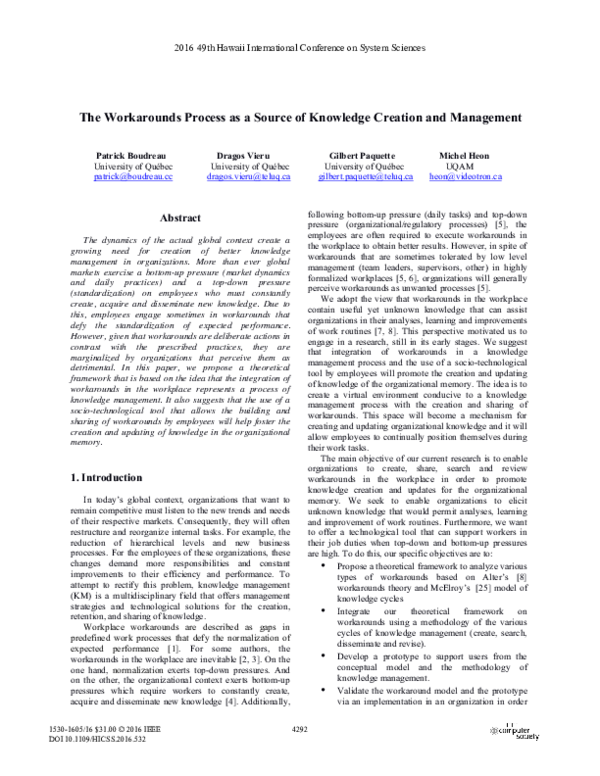 (PDF) The Workarounds Process as a Source of Knowledge Creation and Management