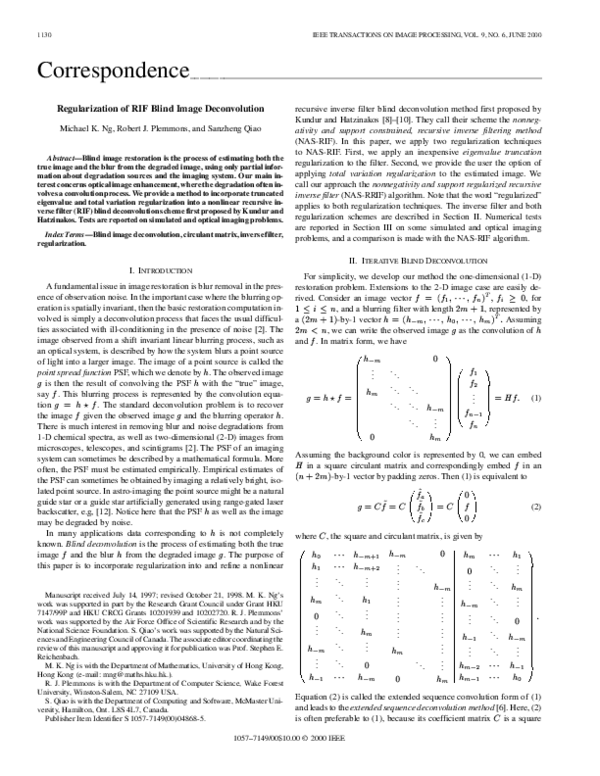 (PDF) Regularization of RIF blind image deconvolution | Bob Plemmons - Academia.edu
