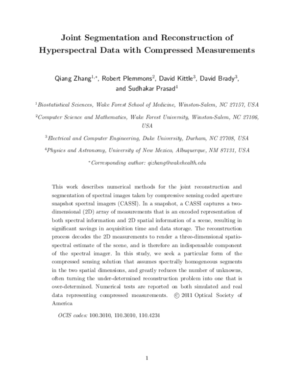 Pdf Joint Segmentation And Reconstruction Of Hyperspectral Data With Compressed Measurements
