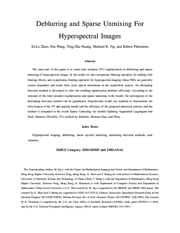 (PDF) Deblurring and Sparse Unmixing for Hyperspectral Images