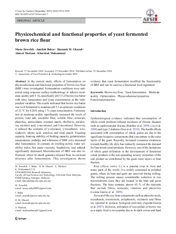 (PDF) Physicochemical and functional properties of yeast fermented brown rice flour