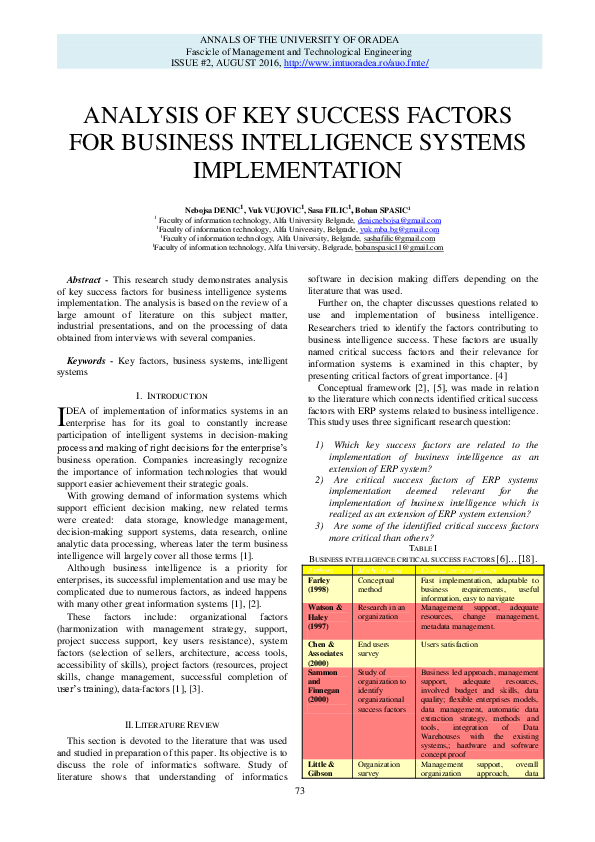(PDF) Analysis of Key Success Factors for Business Intelligence Systems Implementation