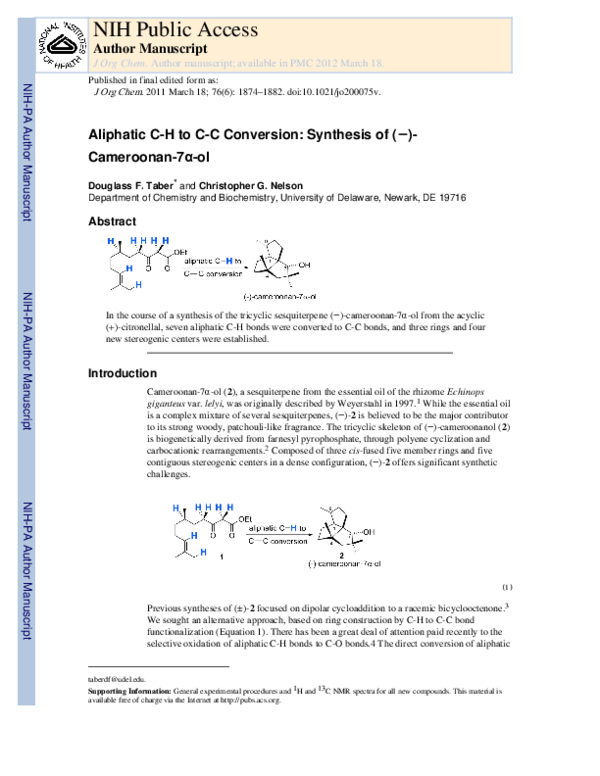 (PDF) Aliphatic C−H to C−C Conversion: Synthesis of (−)-Cameroonan-7α-ol