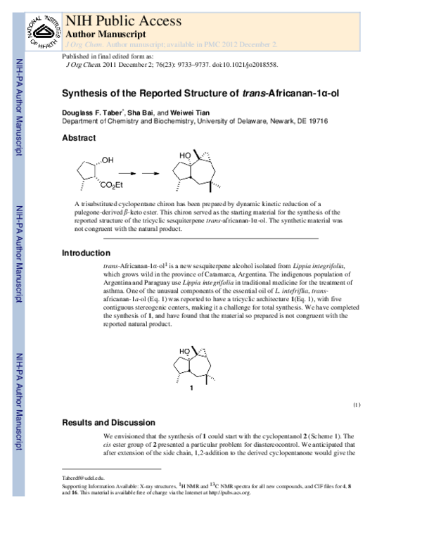 (PDF) Synthesis of the Reported Structure of trans-Africanan-1α-ol