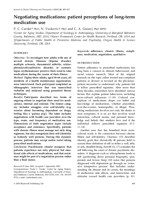 (PDF) Negotiating medications: patient perceptions of long-term ...