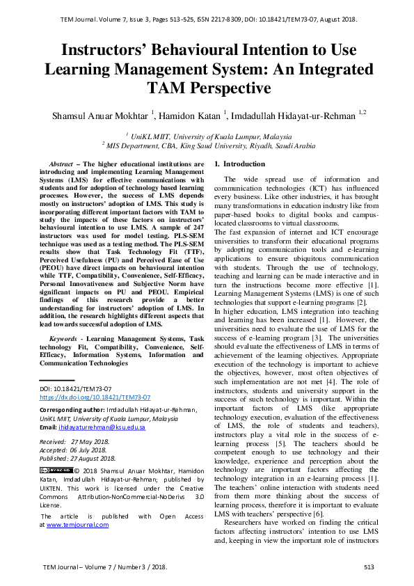 (PDF) Instructors' Behavioural Intention to use Learning Management System: An Integrated TAM ...