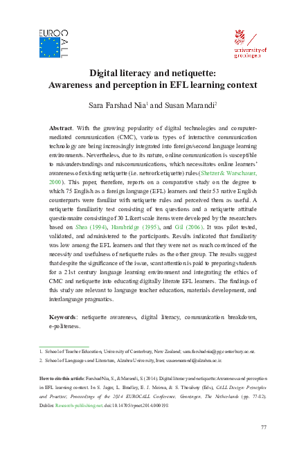 (PDF) Digital literacy and netiquette: Awareness and perception in EFL ...