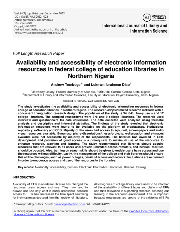 (PDF) Availability and accessibility of electronic information resources in federal college of ...