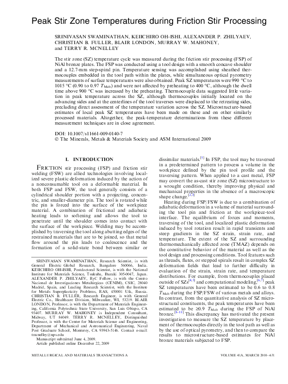 Pdf Peak Stir Zone Temperatures During Friction Stir Processing
