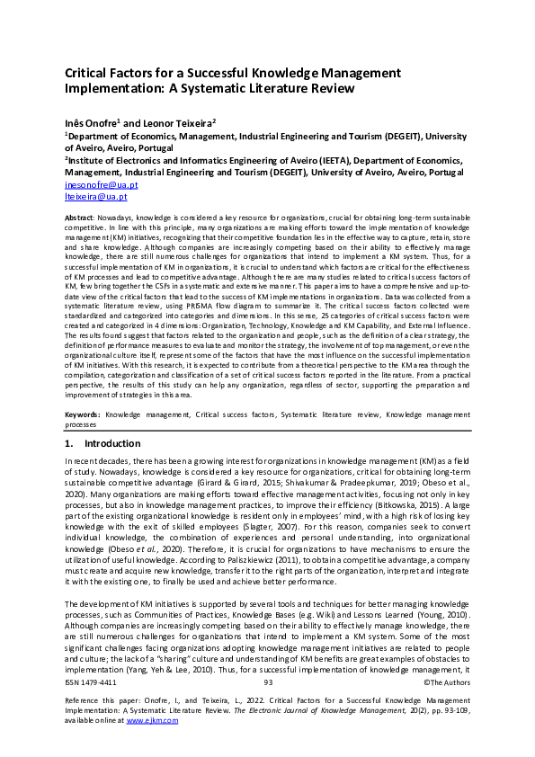 (PDF) Critical Factors for a Successful Knowledge Management Implementation