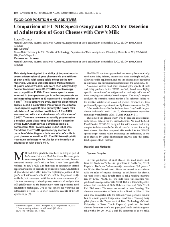 Pdf Comparison Of Ft Nir Spectroscopy And Elisa For Detection Of Adulteration Of Goat Cheeses
