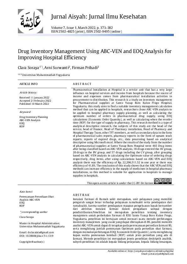 (PDF) Drug Inventory Management Using ABC-VEN and EOQ Analysis for ...