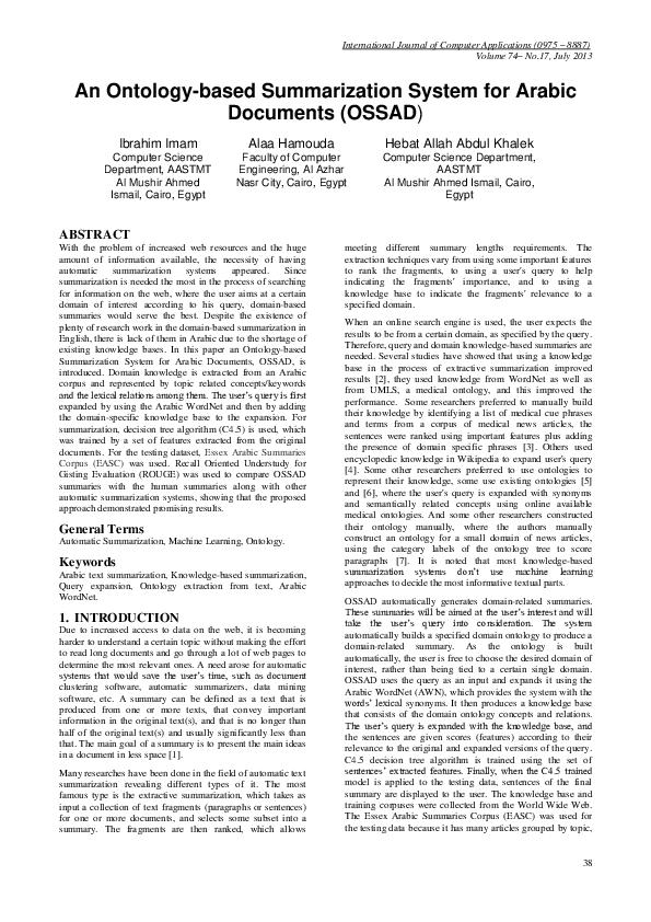 Pdf An Ontology Based Summarization System For Arabic Documents Ossad Ibrahim Abdulkarim