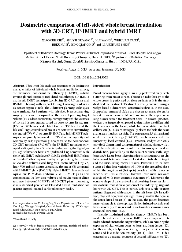 (PDF) Dosimetric Comparison of Left-sided Whole Breast Irradiation with ...