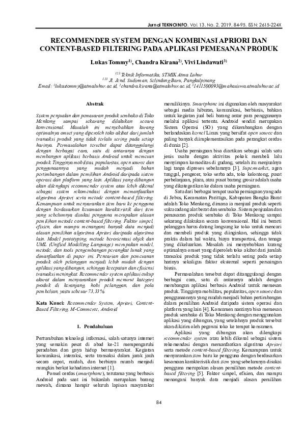 (PDF) Recommender System Dengan Kombinasi Apriori Dan Content-Based Filtering Pada Aplikasi ...