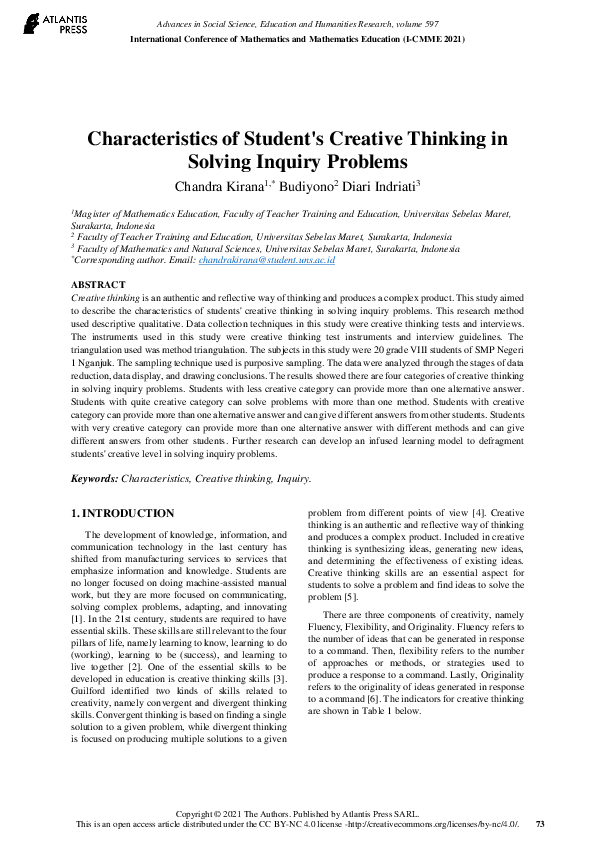 (PDF) Characteristics of Student’s Creative Thinking in Solving Inquiry Problems