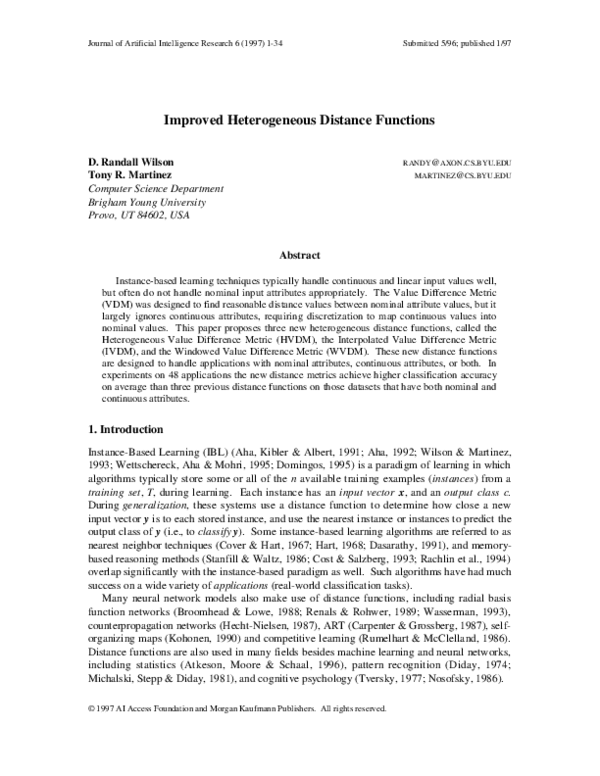 (PDF) Improved Heterogeneous Distance Functions