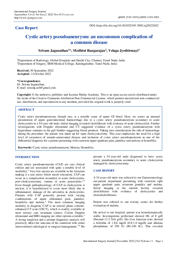 (PDF) Cystic artery pseudoaneurysm: an uncommon complication of a common disease