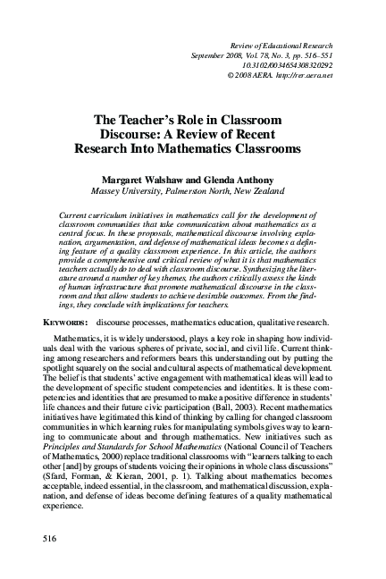 (PDF) The Teacher’s Role in Classroom Discourse: A Review of Recent Research Into Mathematics ...