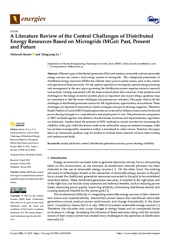 (PDF) A Literature Review of the Control Challenges of Distributed Energy Resources Based on ...