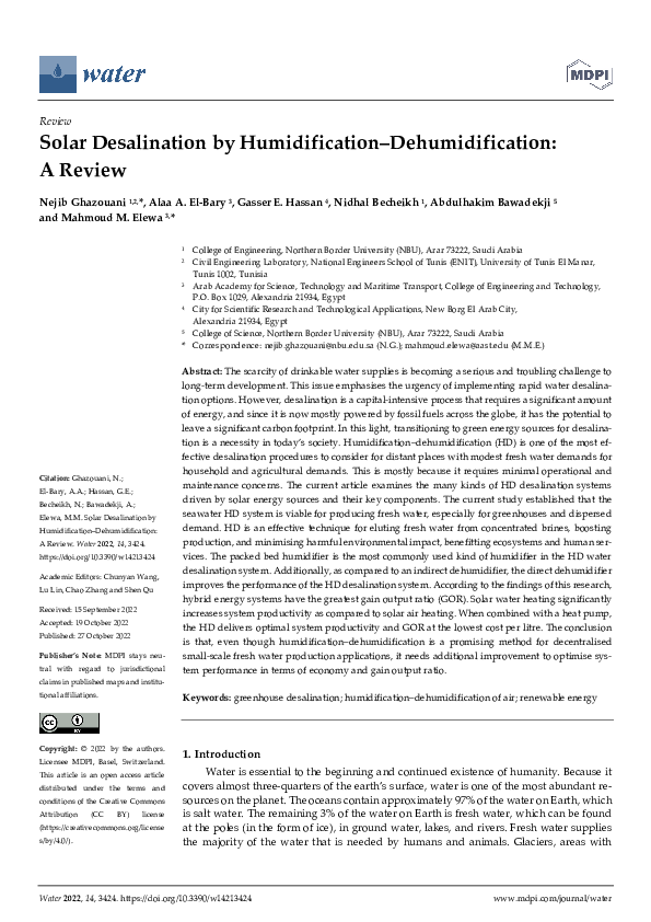 (PDF) Solar Desalination by Humidification–Dehumidification: A Review | Mahmoud Elewa - Academia.edu