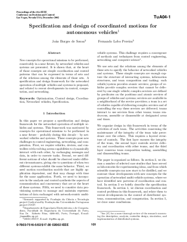 (PDF) Specification and design of coordinated motions for autonomous ...