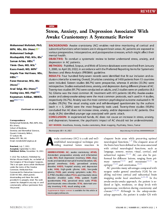 (PDF) Stress, Anxiety, and Depression Associated With Awake Craniotomy: A Systematic Review