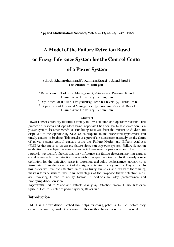 (PDF) A Model of the Failure Detection Based on Fuzzy Inference System ...
