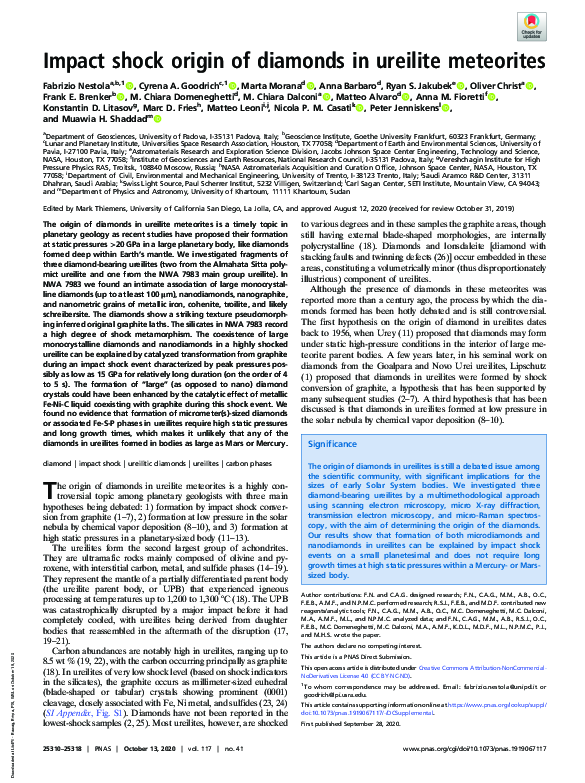 (PDF) Impact shock origin of diamonds in ureilite meteorites