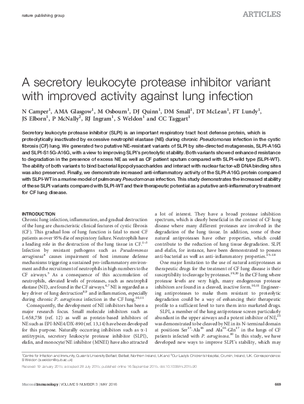 (PDF) A secretory leukocyte protease inhibitor variant with improved activity against lung infection