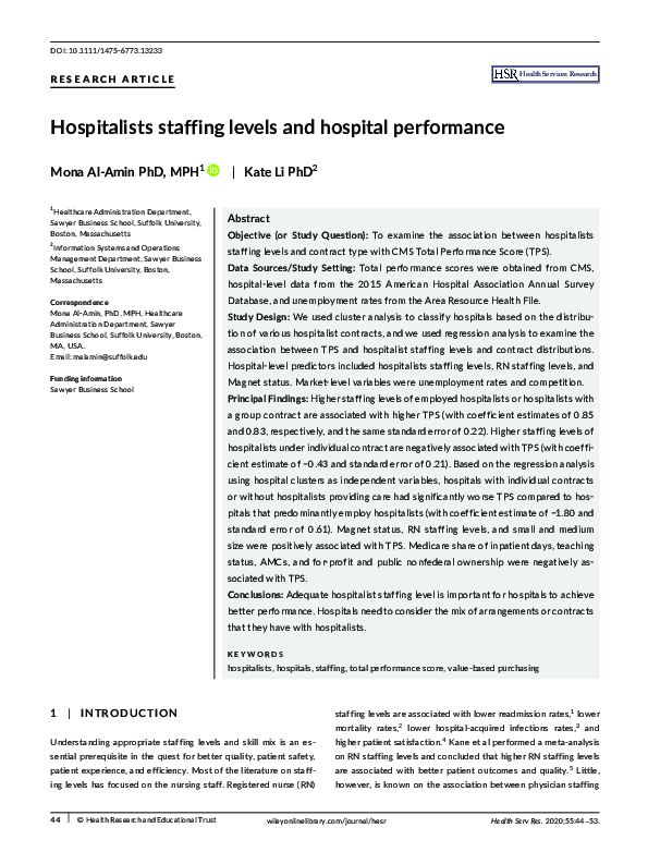 (PDF) Hospitalists staffing levels and hospital performance